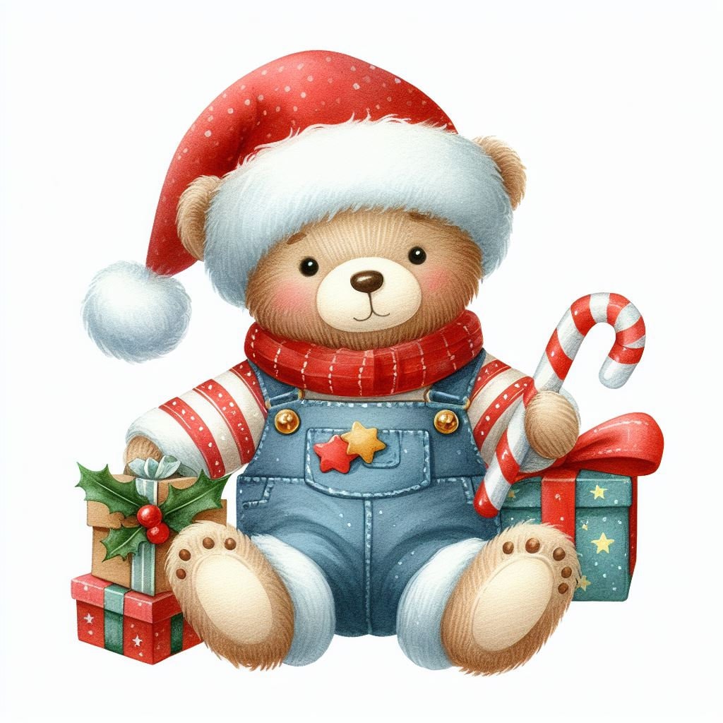 Merry Christmas Teddy Bear Watercolor Set, Digital Download for Card ...