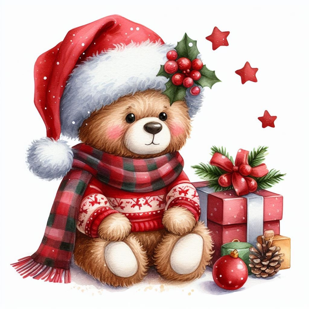 Merry Christmas Teddy Bear Watercolor Set, Digital Download for Card ...