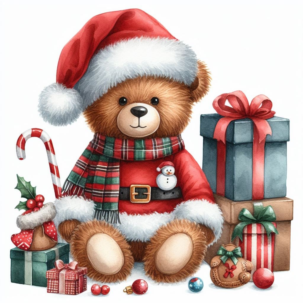 Merry Christmas Teddy Bear Watercolor Set, Digital Download for Card ...