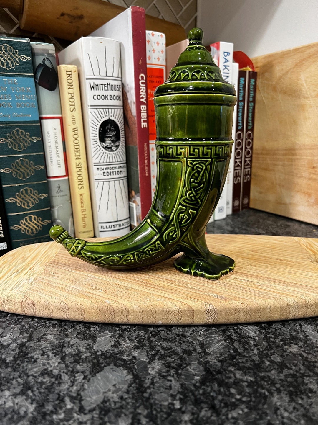 Vintage Green Ceramic Cornucopia Vase With Lid Celtic Design Bohemian ...