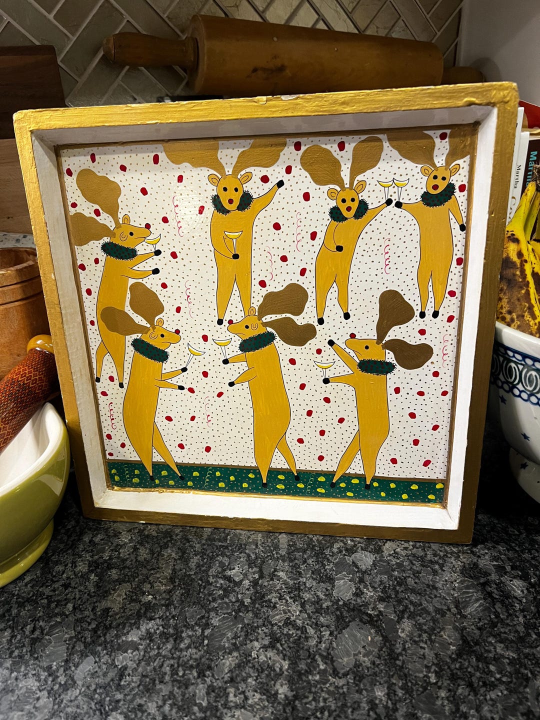Foreside Wooden Reindeer Tray - Festive Hand-painted Decor, Made in ...