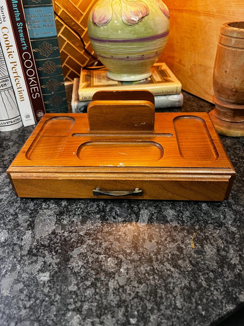 Vintage Mid-century Modern Wooden Desk Valet With Velvet-lined Drawer ...