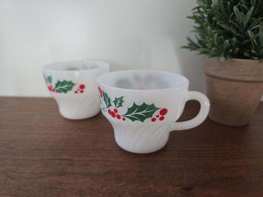 Vintage Milk Glass Termocrisa Mexico Holly and Berry Teacups Set of 2 ...