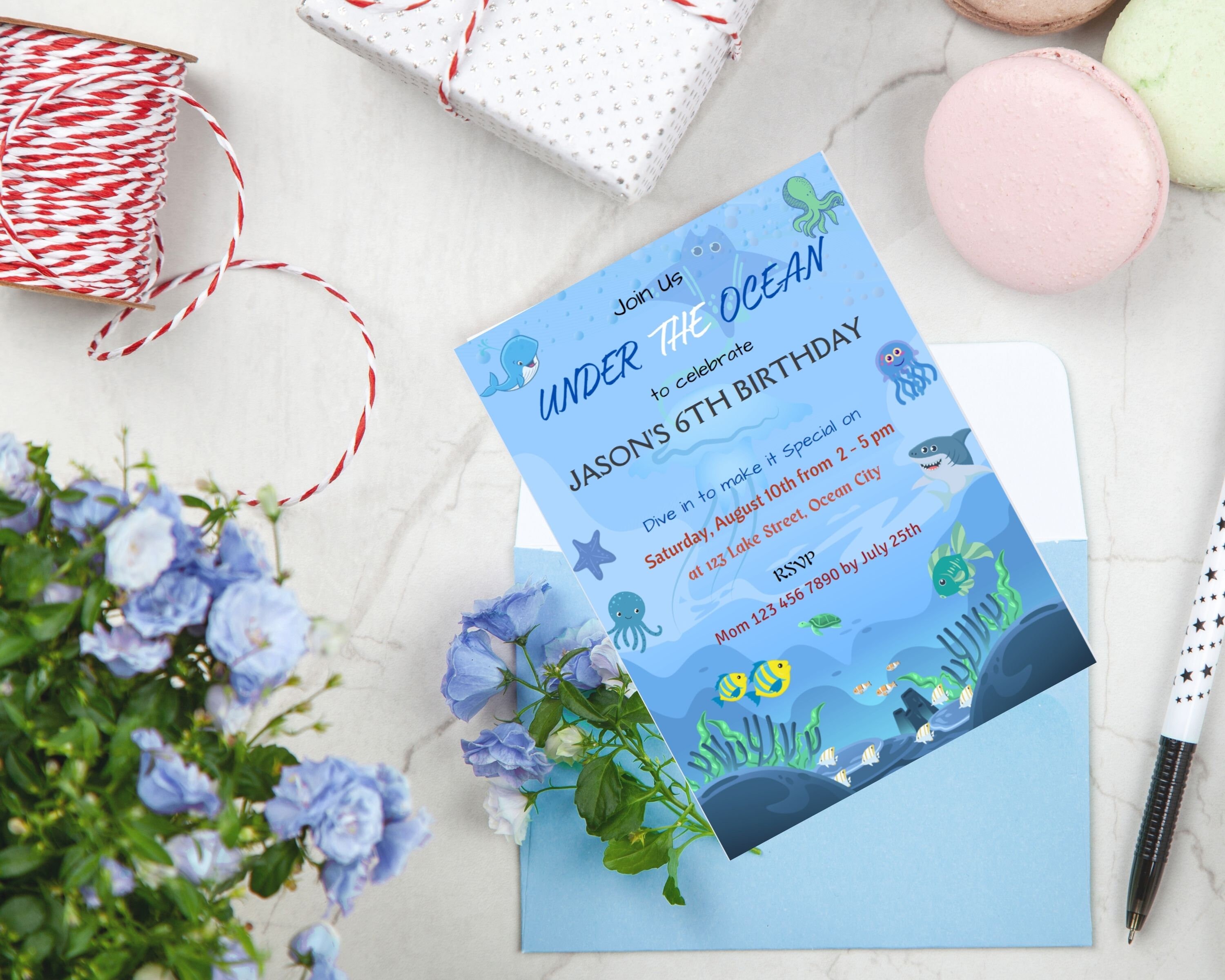 EDITABLE Deep Ocean Theme Birthday Invitation, Blue Sea Digital Invite, Sea Animals and Fish ...