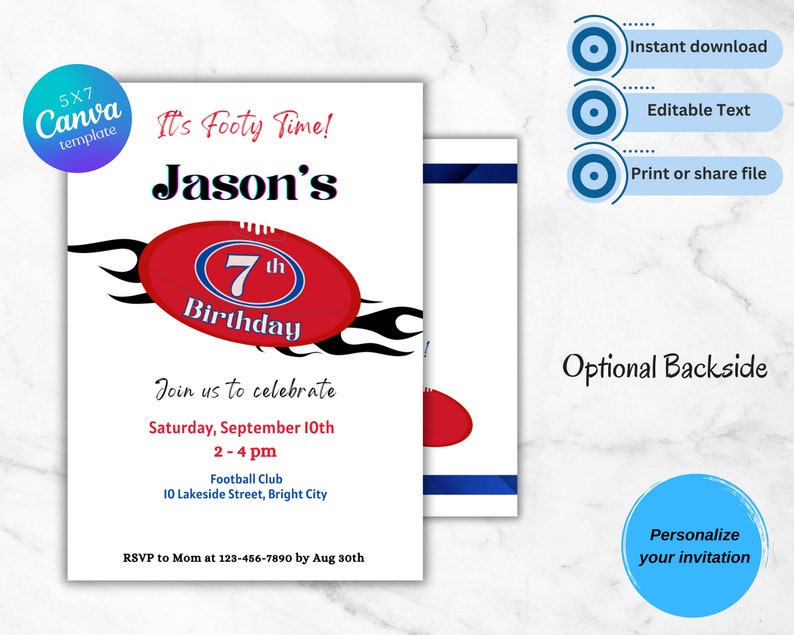AFL Birthday Invitation | Sports Party Invite | Footy Theme | Australia ...