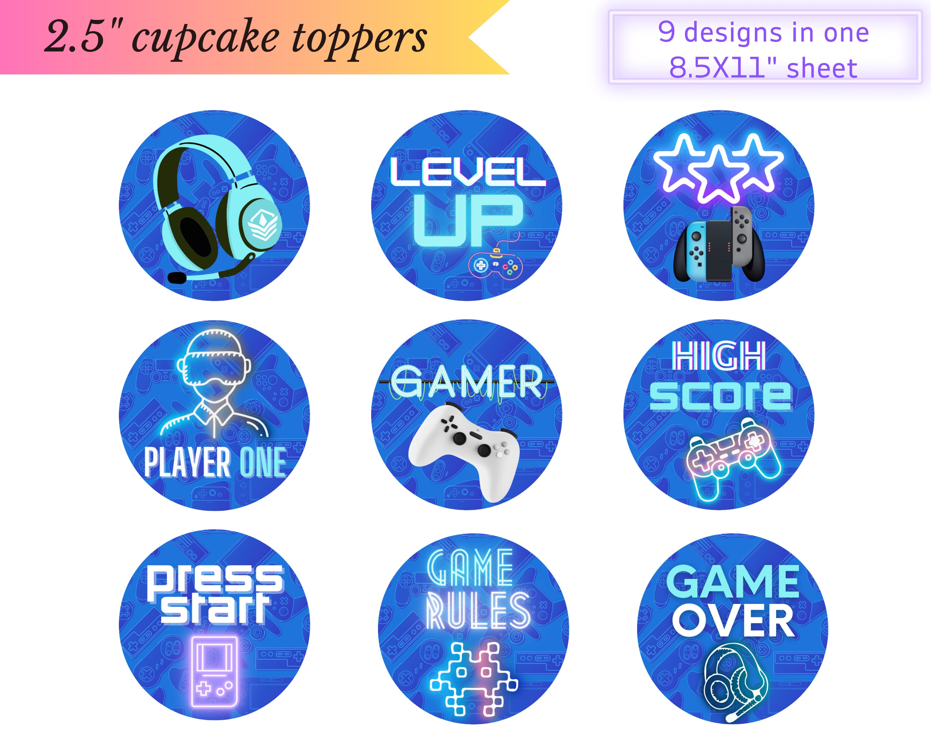 Video Game Birthday Cupcake Toppers, Game on Party Return Favor, Level ...