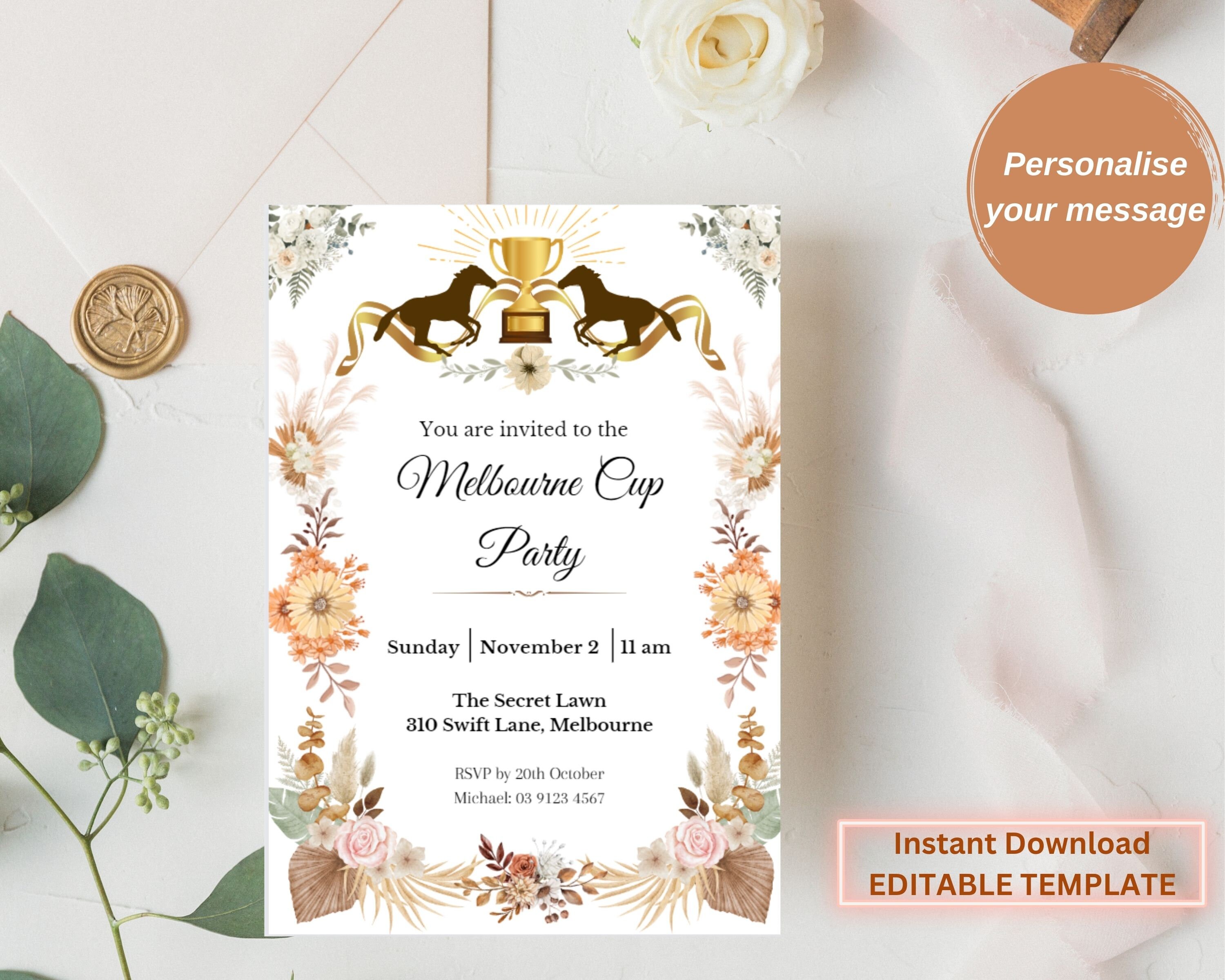 Melbourne Cup Party Invite, EDITABLE, PRINTABLE Template, Derby, Spring ...