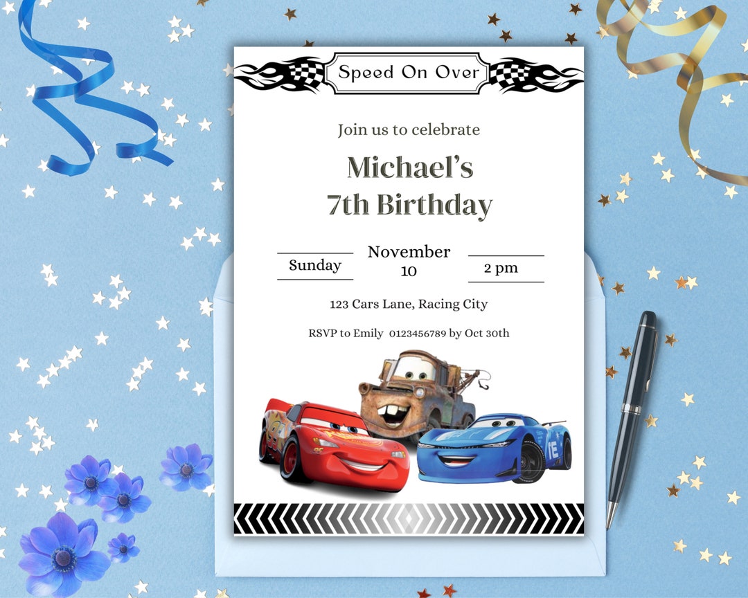 Cars Mcqueen Birthday Card, Kids Birthday Invitation, Lightning Mcqueen ...