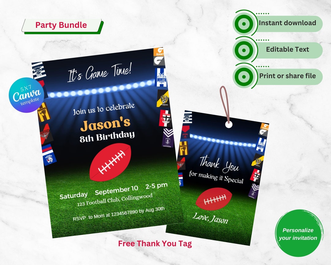 AFL Birthday Template EDITABLE, Digital Card, Thank You Tag, Australian ...