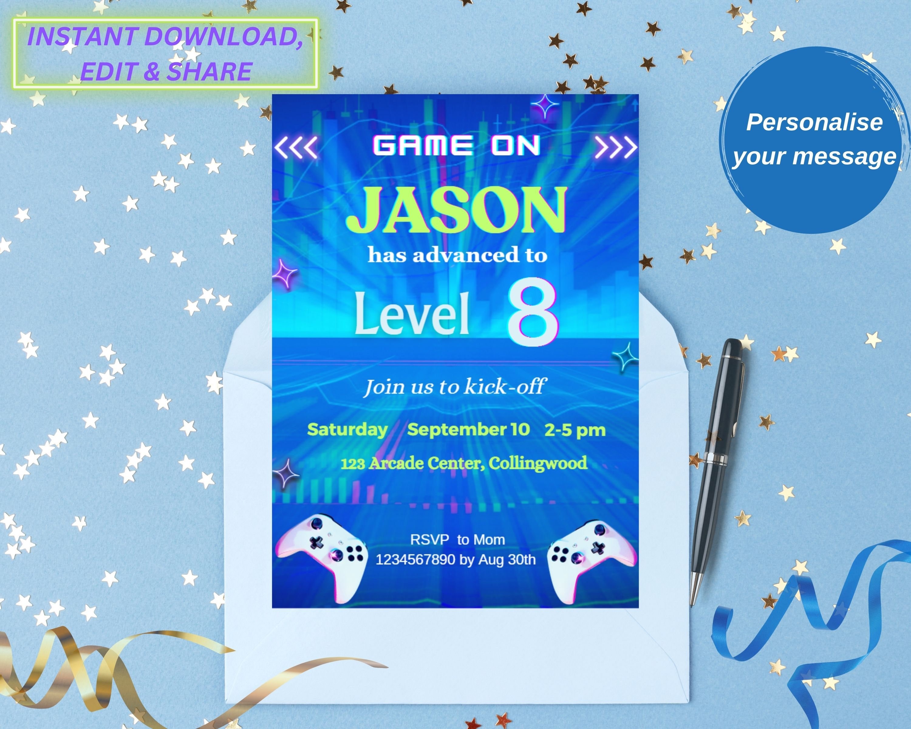 Video Game Birthday Template Custom EDITABLE, PRINTABLE Digital Card ...