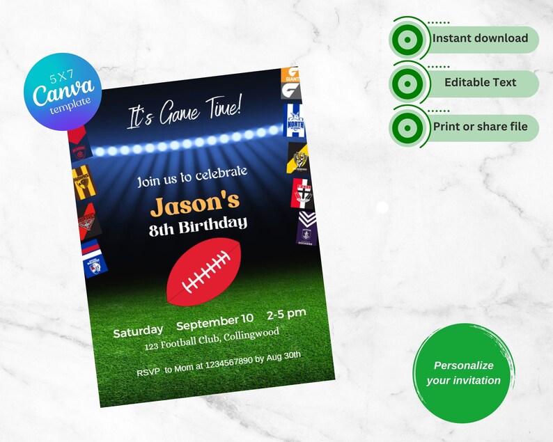 AFL Birthday Template Custom EDITABLE, PRINTABLE Digital Card ...