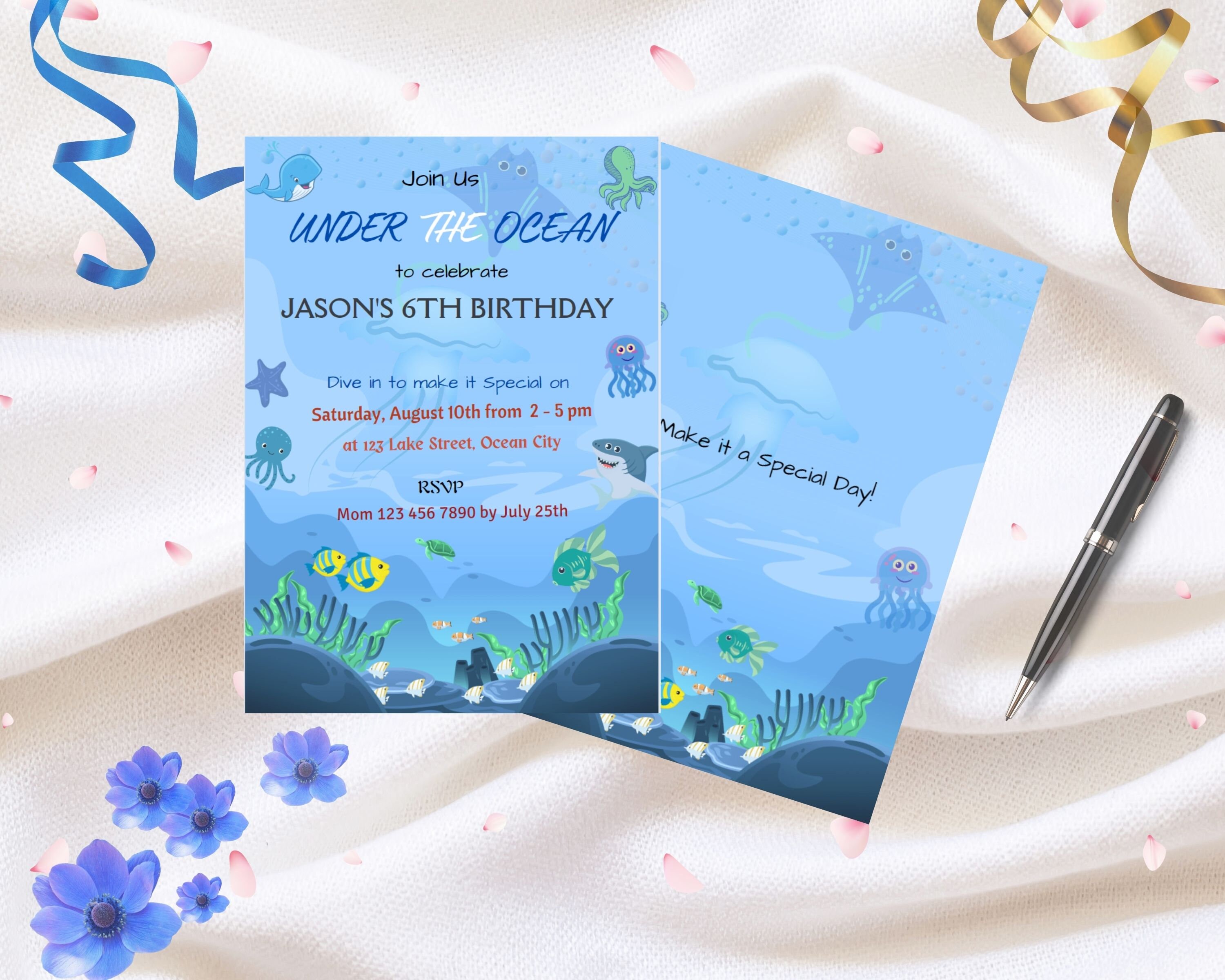 EDITABLE Deep Ocean Theme Birthday Invitation, Blue Sea Digital Invite ...
