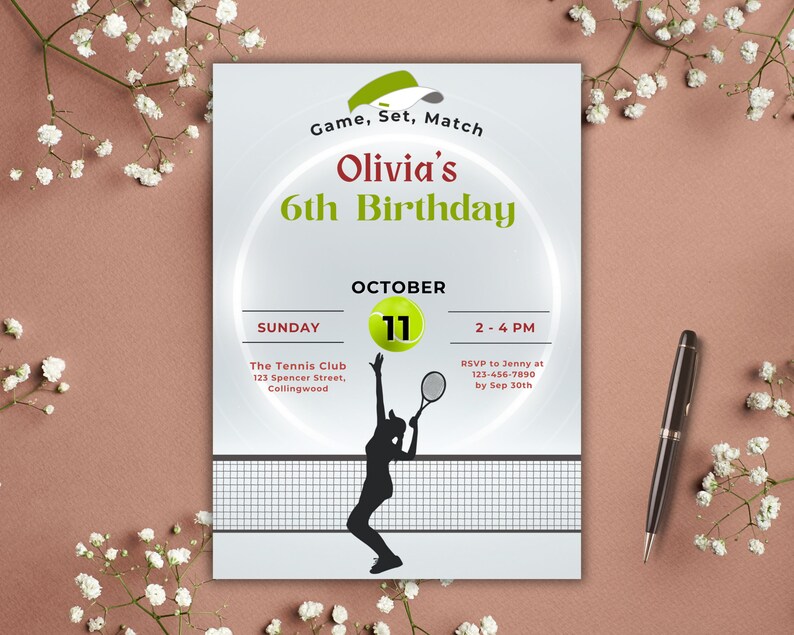 Tennis Birthday Girl Invitation TEMPLATE | EDITABLE | Tennis Court ...