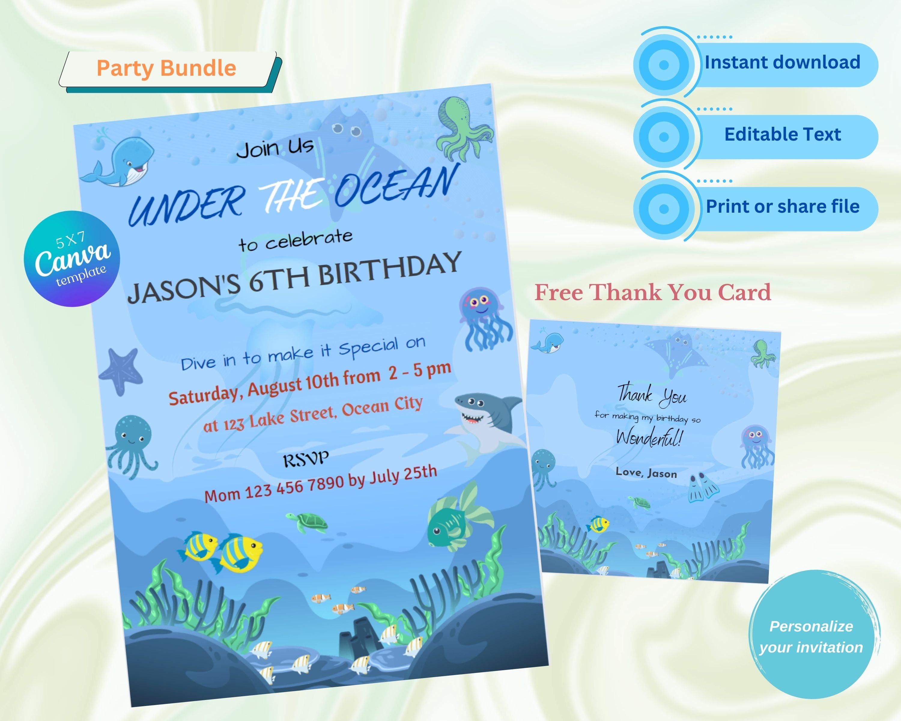 EDITABLE Deep Ocean Theme Birthday Invitation, Blue Sea Animals and ...