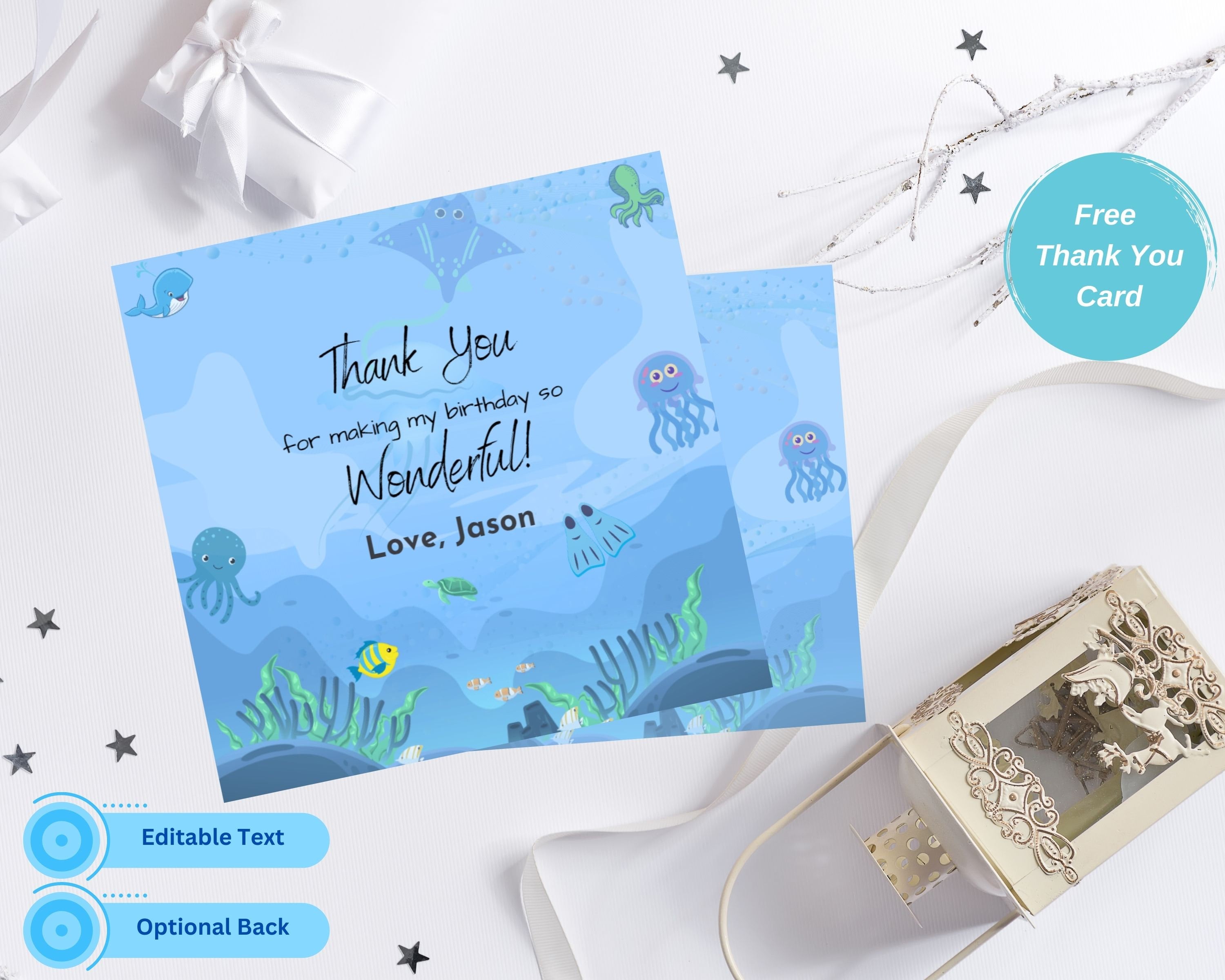 EDITABLE Deep Ocean Theme Birthday Invitation, Blue Sea Animals and Fish Digital Invite ...