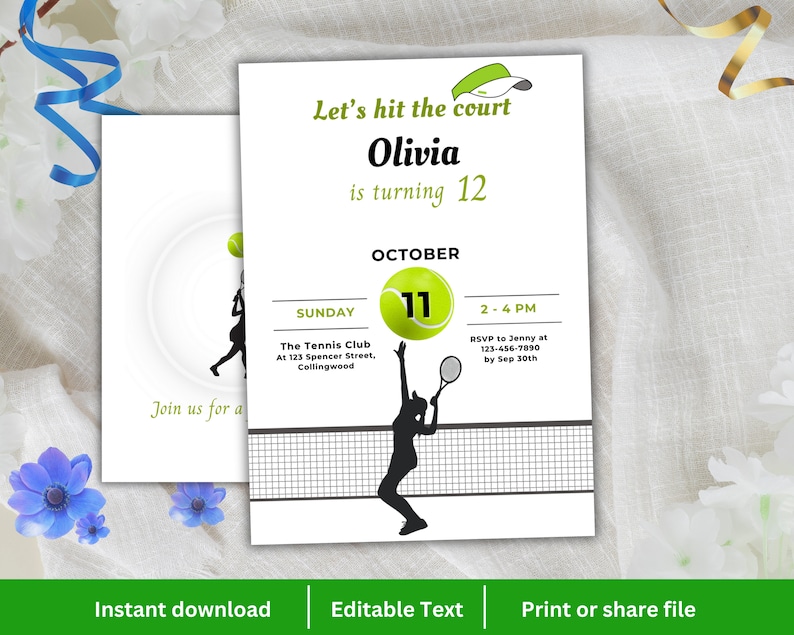 Tennis Birthday Girl Invitation TEMPLATE | EDITABLE | Tennis Court ...