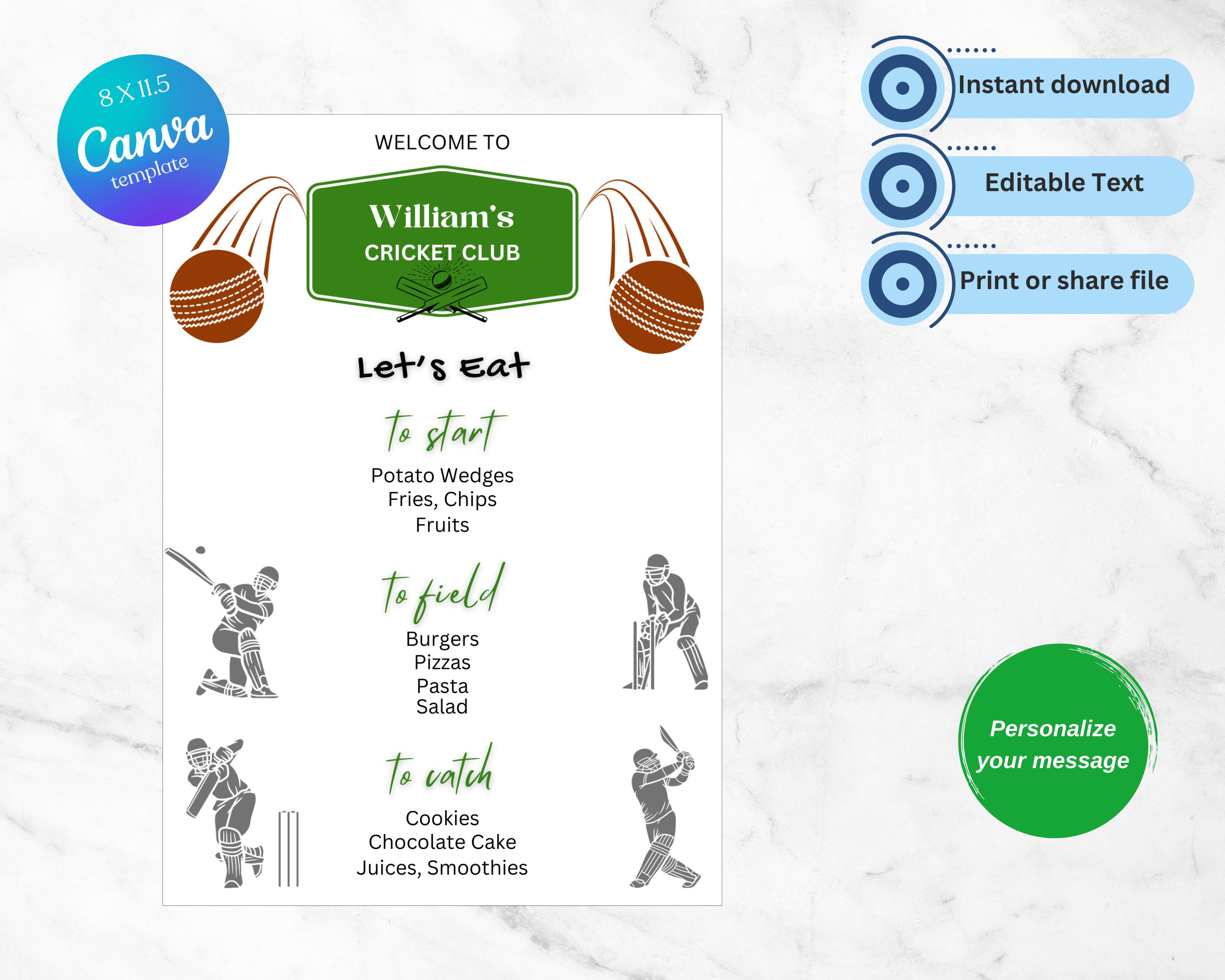 Cricket Theme Menu Card, Food Menu Template, EDITABLE, Sports Theme ...