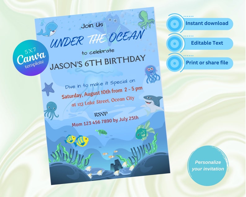 EDITABLE Deep Ocean Theme Birthday Invitation, Blue Sea Digital Invite, Sea Animals and Fish ...