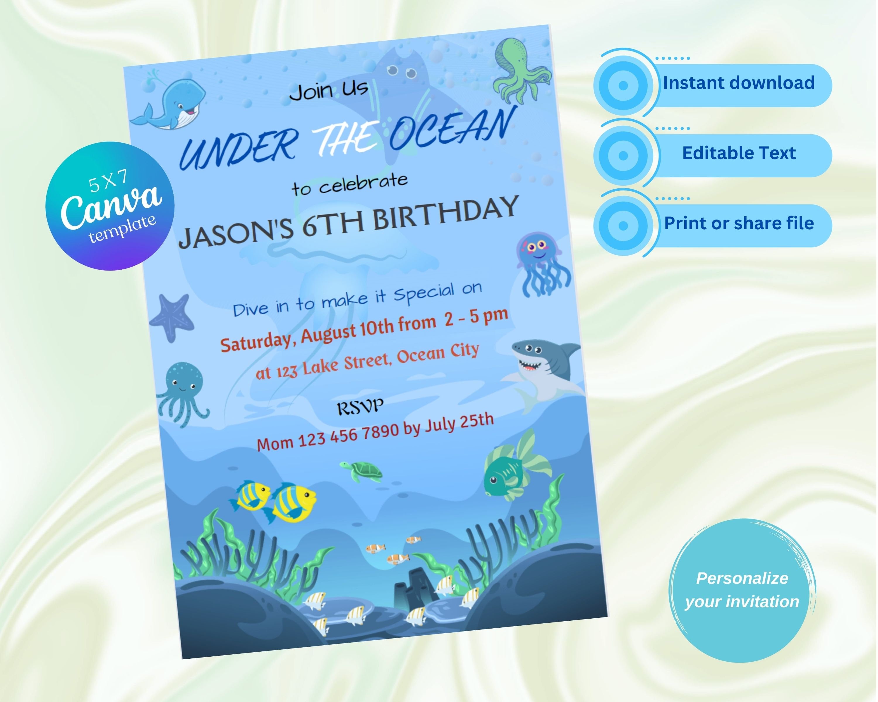 EDITABLE Deep Ocean Theme Birthday Invitation, Blue Sea Digital Invite ...