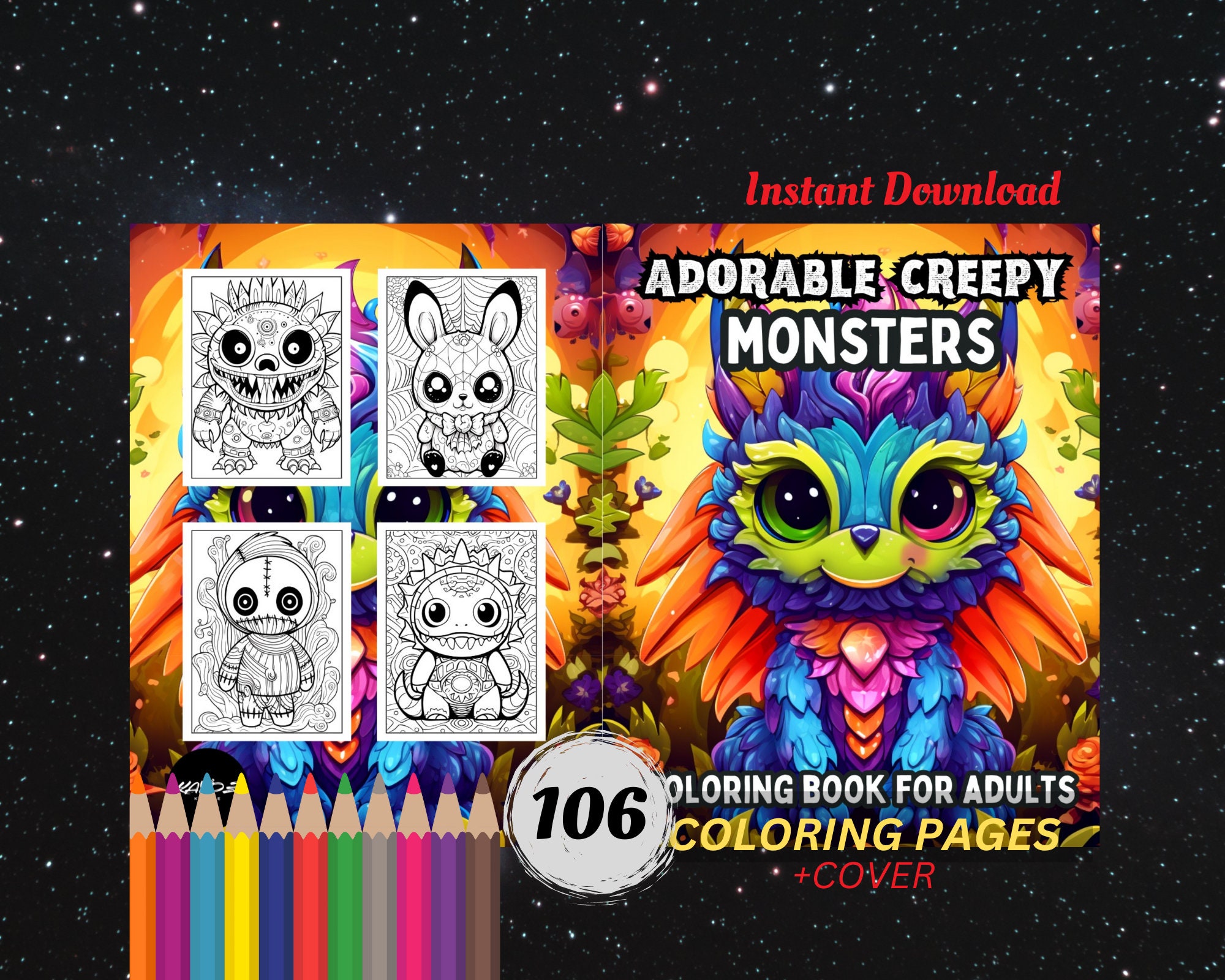 Creepy Cute Monster Coloring Book, Digital Coloring Book Pdf, Halloween ...