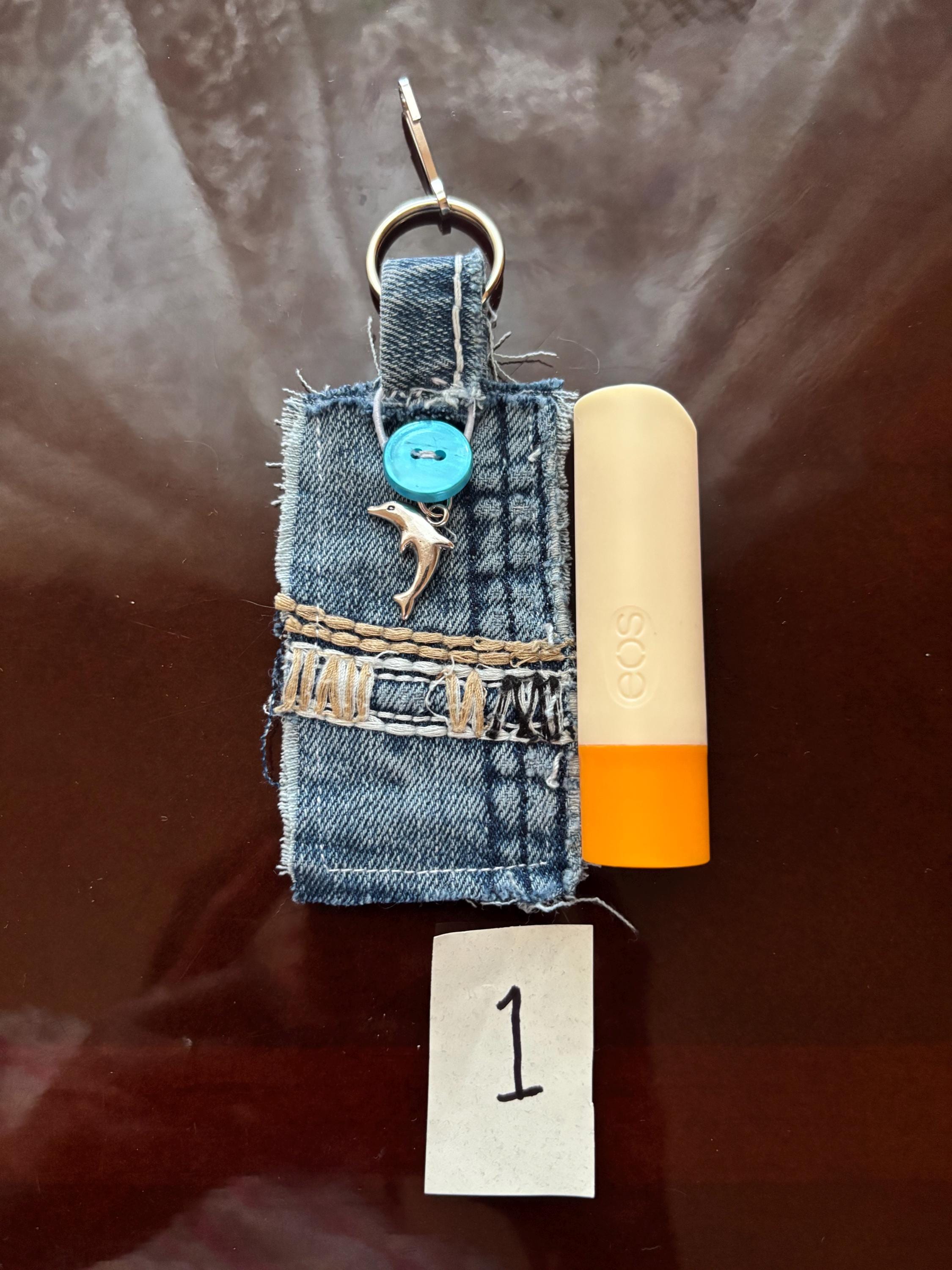 Charm Upcycled Denim Lip Balm Holder Keychain/blue Jean Lip Balm Holder ...