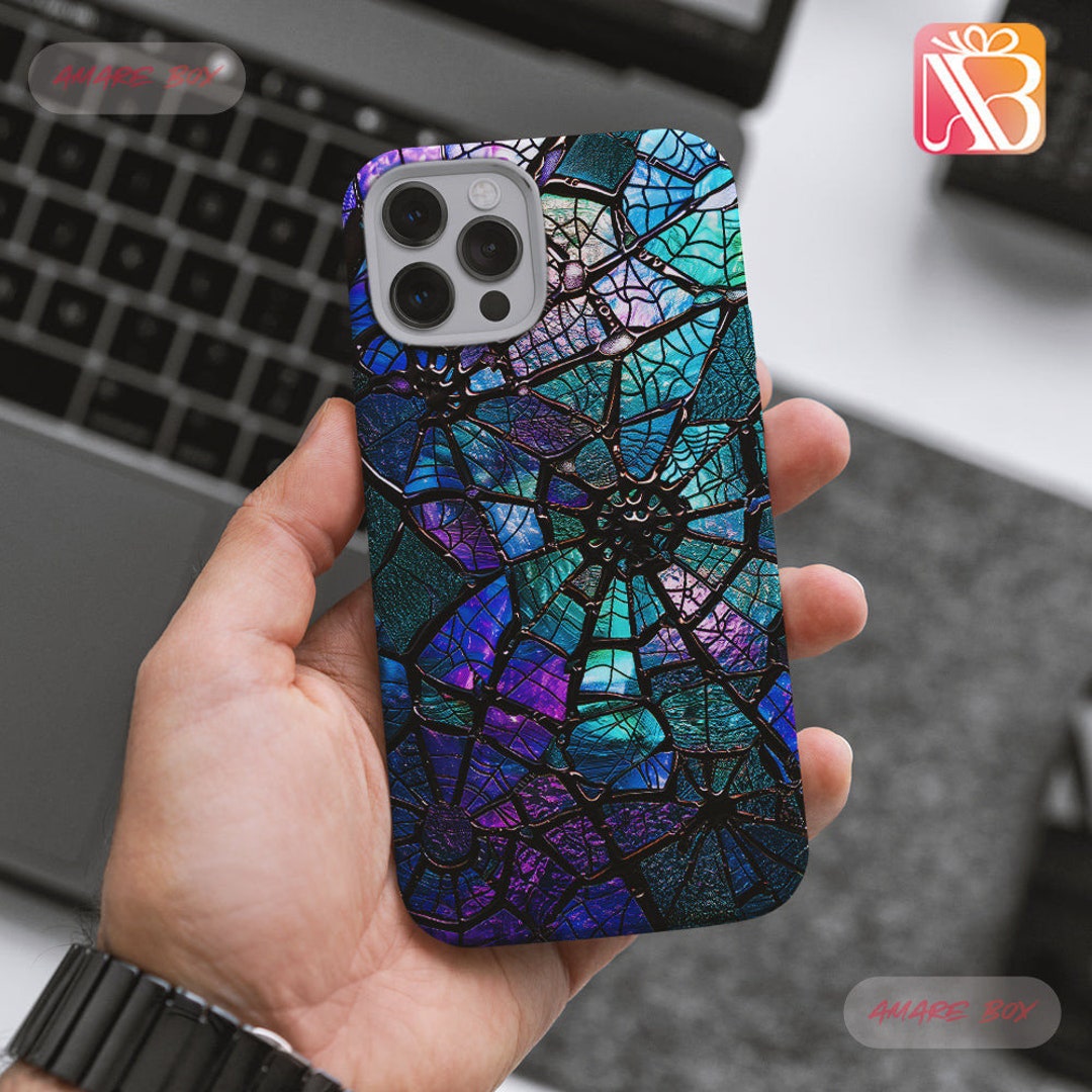 Amare Box Spider Web Stained Glass Mosaic Phone Case, Faux Celestial Stain Glass Window Starry ...