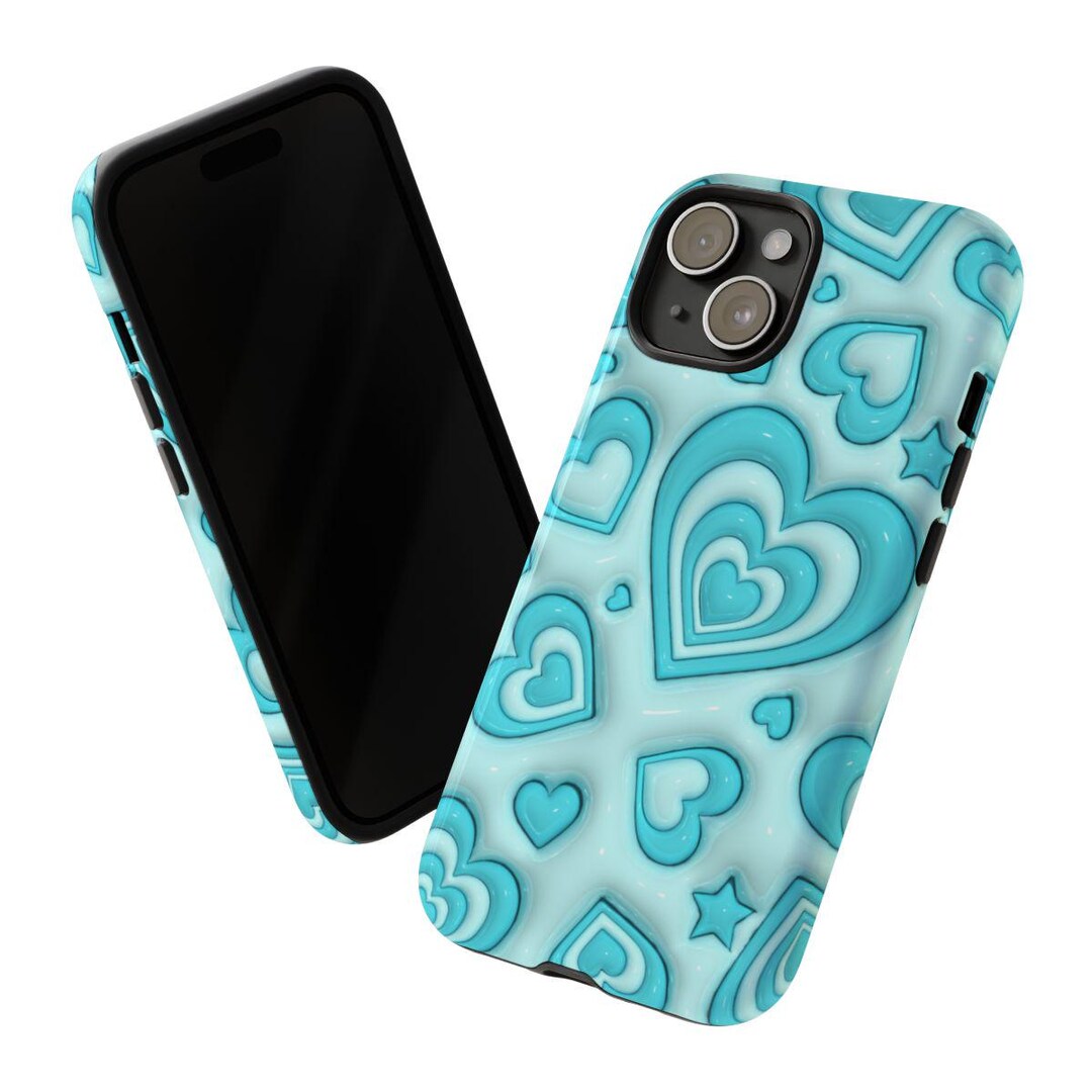 Baby Blue Y2K Hearts iPhone Case (PRINT) - for iPhone 16, 15, 14, 13, 12, 11, 8, XR, XS, X, Pro ...