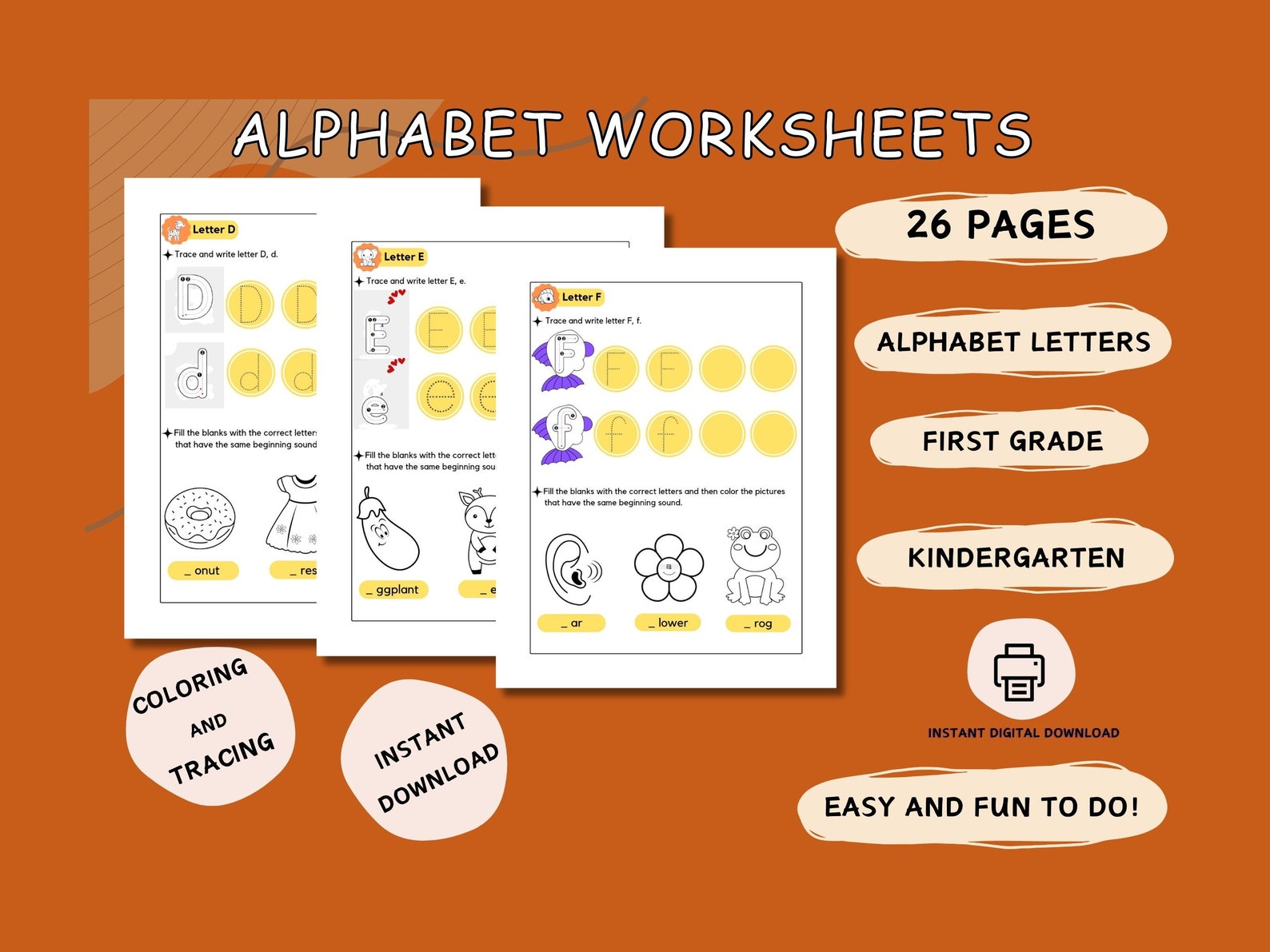 Kindergarten and First Grade Alphabet Worksheets Digital Worksheet ...