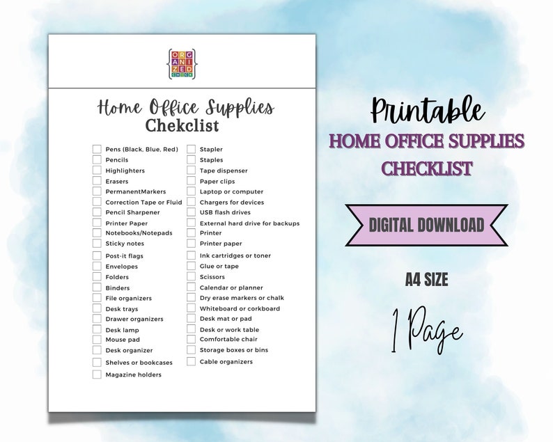 Printable Home Office Supplies Checklist | Digital Download | PDF ...