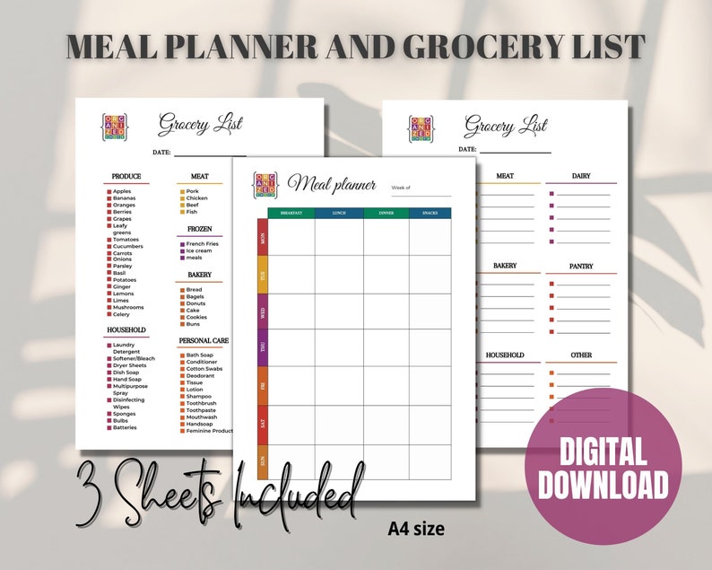 Printable Meal Planner | Grocery List | Digital Download | PDF - Etsy