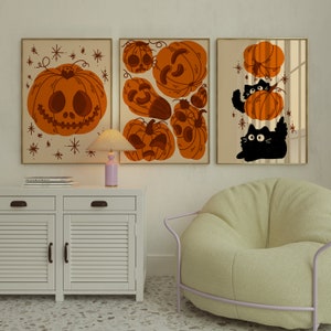 Funky Halloween Prints Set of 3 Piece Wall Art, Retro Halloween Prints ...