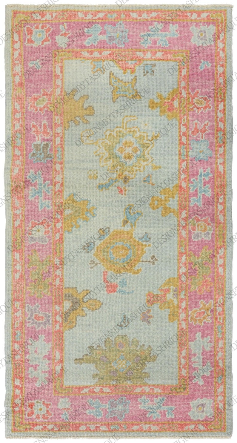 Serene Blue Turkish Oushak Rug Large 3x6 Floral Design, Premium Wool ...