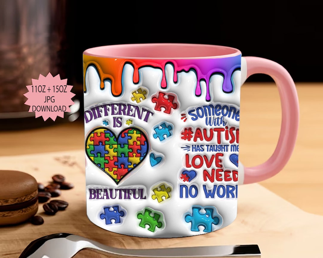 3D Autism Inflated Mug Wrap, Ribbon Autism Puffy Mug Wrap, Autism ...