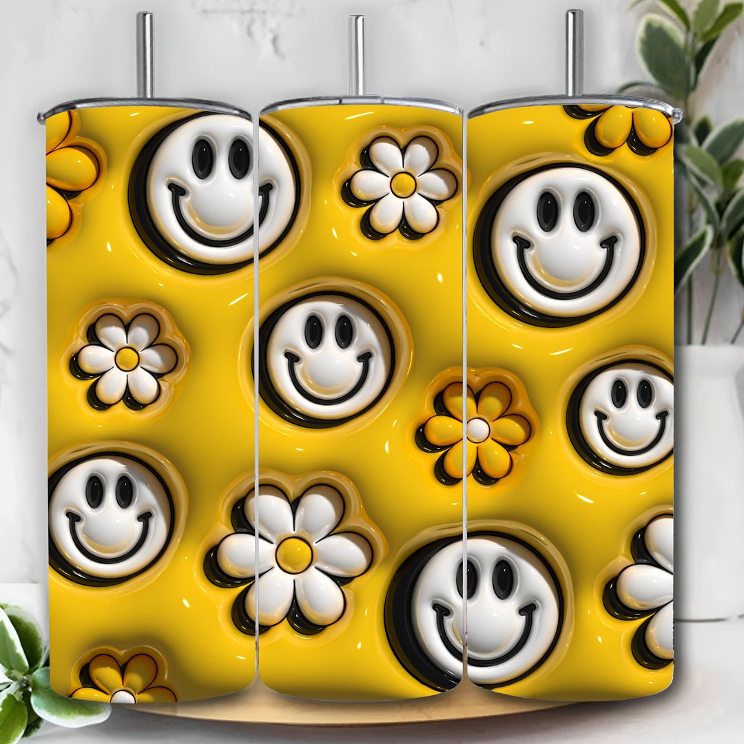 3D Smile Face Inflated Tumbler Wrap, Flowers Yellow Puffy Tumbler Wrap ...