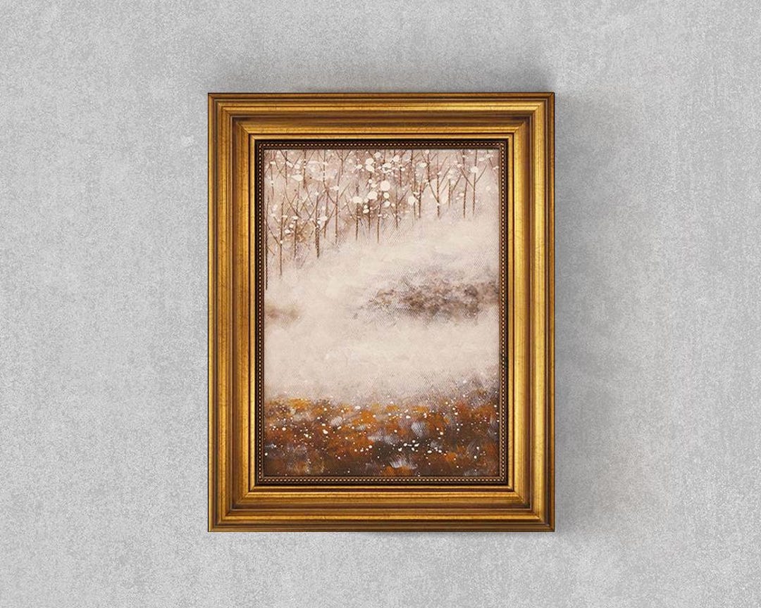 Snowscape Oil Painting in Golden Frame- Abstract Forest Wall Art Print ...