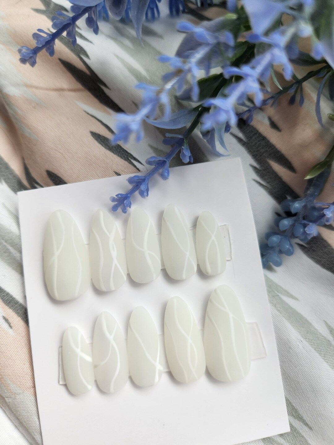 Milky White Swirl Medium Almond Press on Nails - Glow in the Dark ...