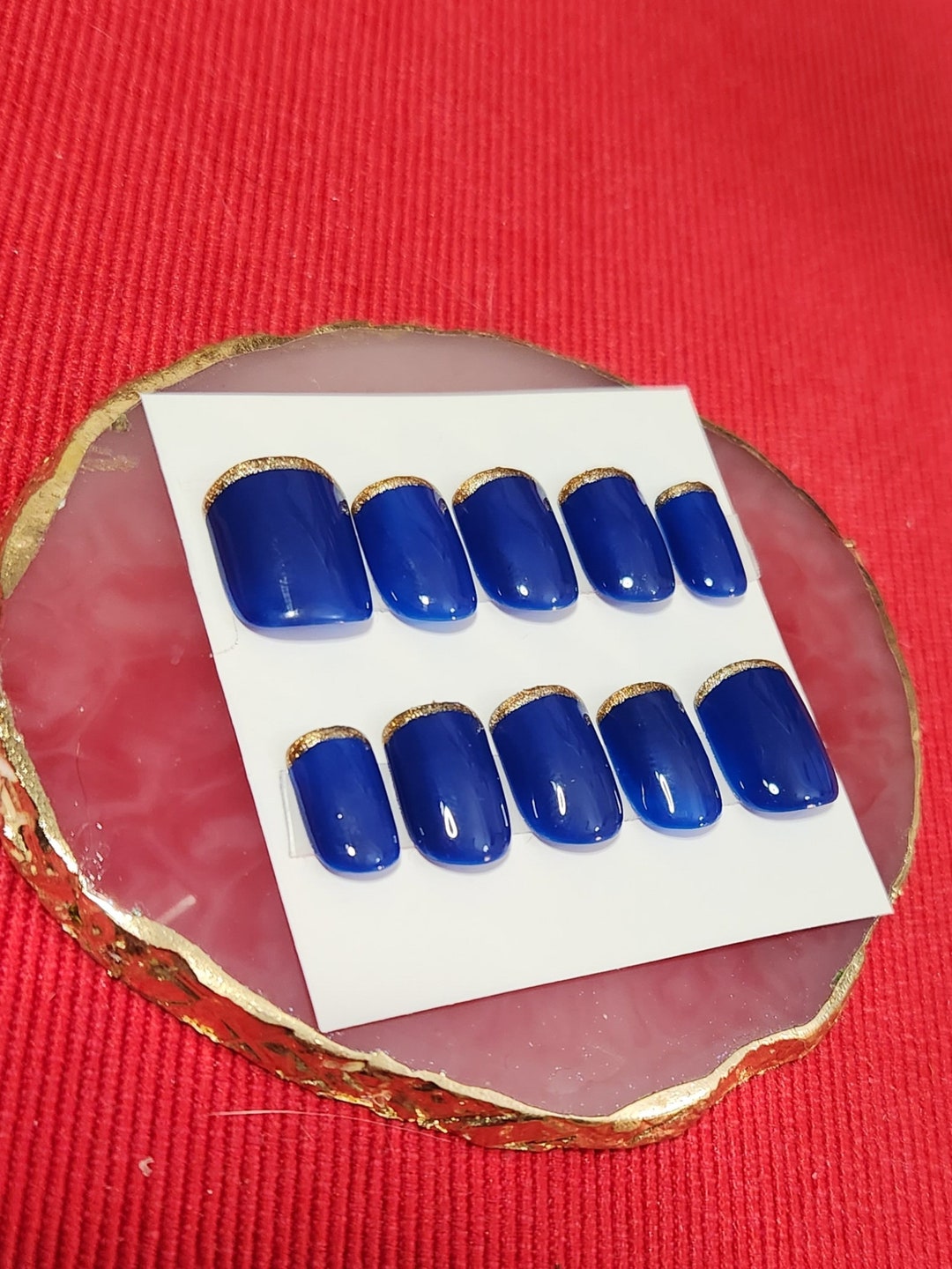 Royal Blue With Gold Micro French Tip Press on Nails Extra Short Square ...