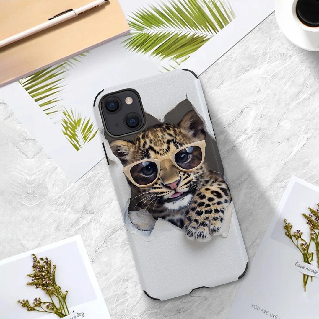 Funny Leopard Cub in Glasses Broken Cracked Wall Style Effect Animal ...