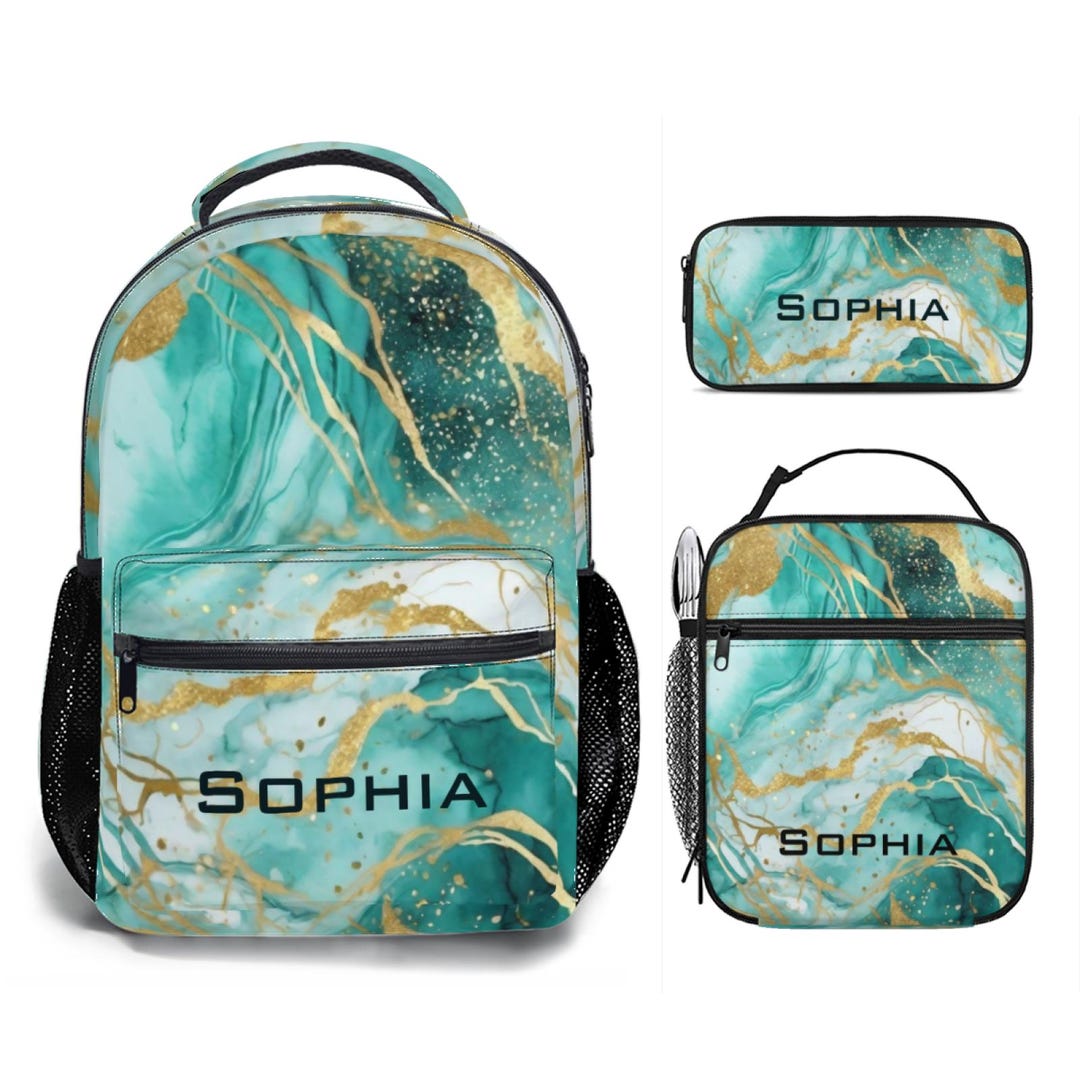 Teal Blue Marble Personalized Girls Backpack Elementary Middle High ...