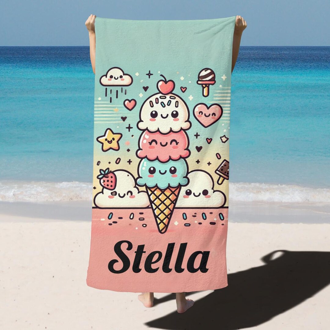 Custom Beach Towel for Kids Cute Ice Cream With Happy Faces Pastel ...