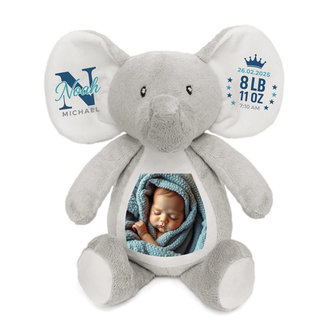 Personalized Baby Boy Birth Stat Elephant With Photo | Custom Newborn ...