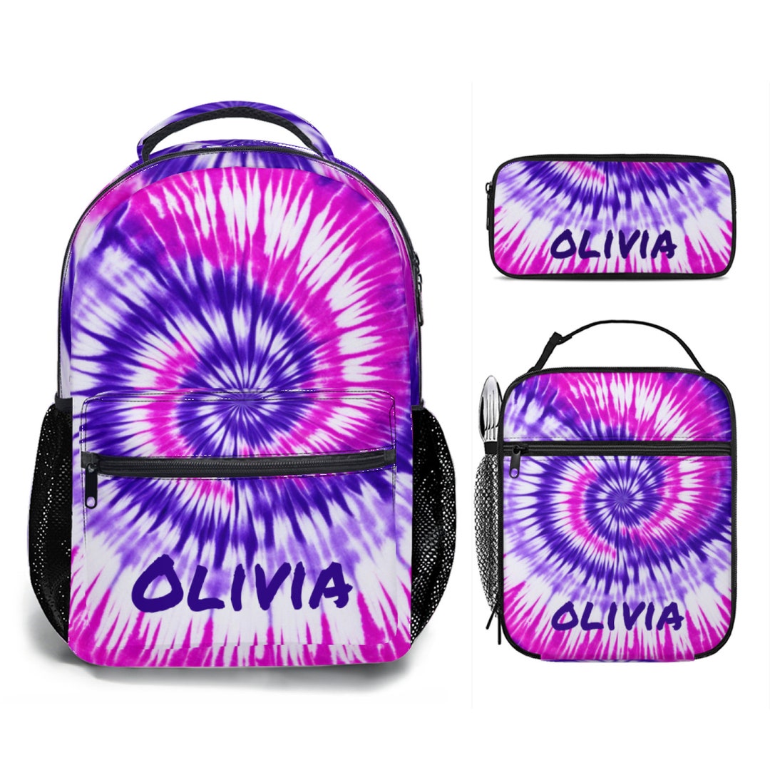Personalized Cute Purple Pink Tie Dye With Custom Name Backpack Pencil ...