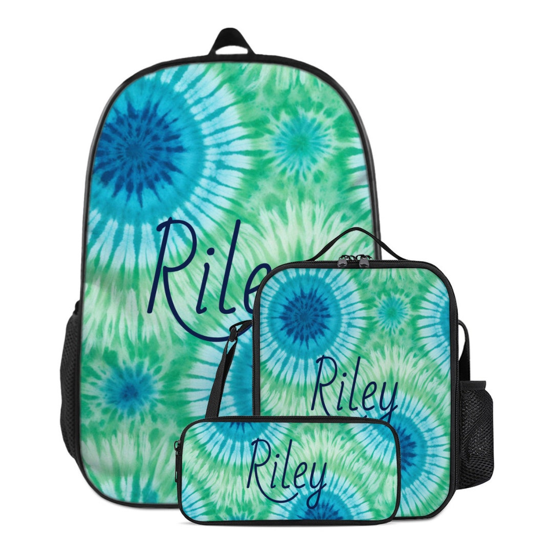 Personalized Blue Green Tie Dye Design Name Backpack Pencil Case Lunch ...