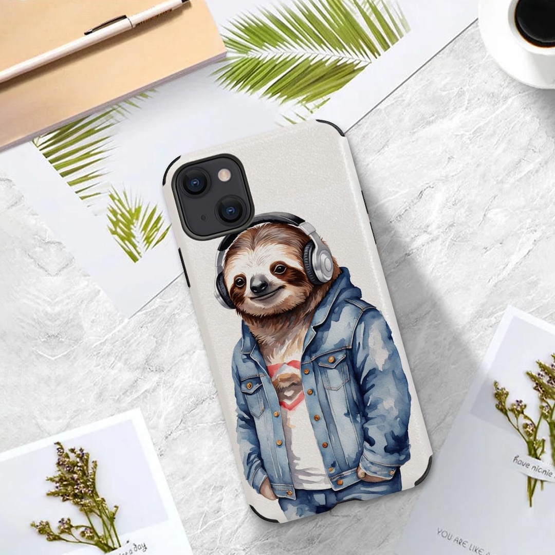 Sloth With Headphones in a Denim Jacket Funny Sloths Music Lover Animal ...