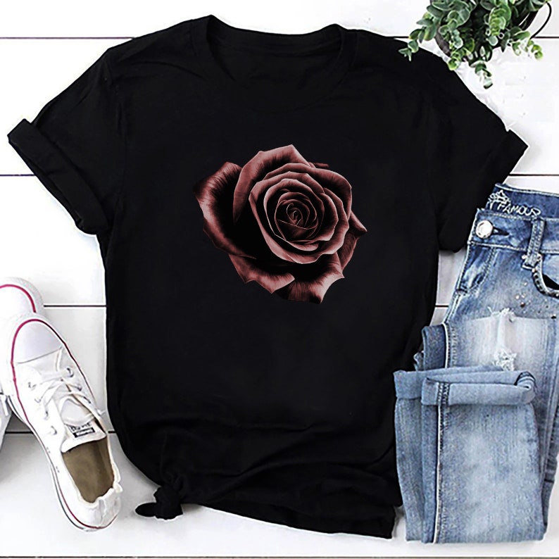 Classic Rose Tee, Black Rose Shirt, Flower T-shirt, Botanical Tee ...