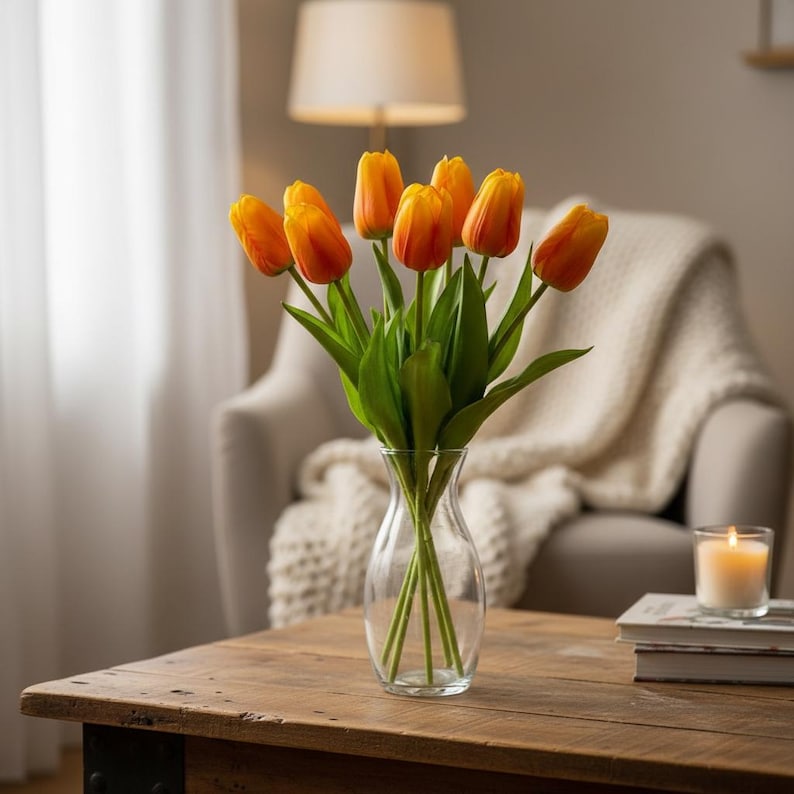 Orange Real Touch Tulip Stem 50cm, Faux Tulip Flower, Realistic ...