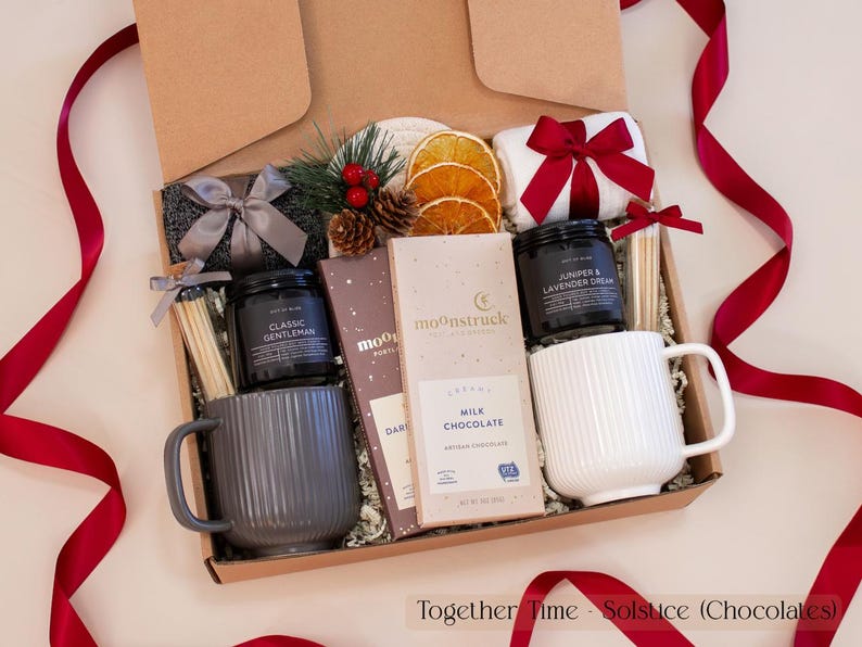 Holiday Couples Gift Set: Mugs, Popcorn, Candle & Socks. Cozy ...