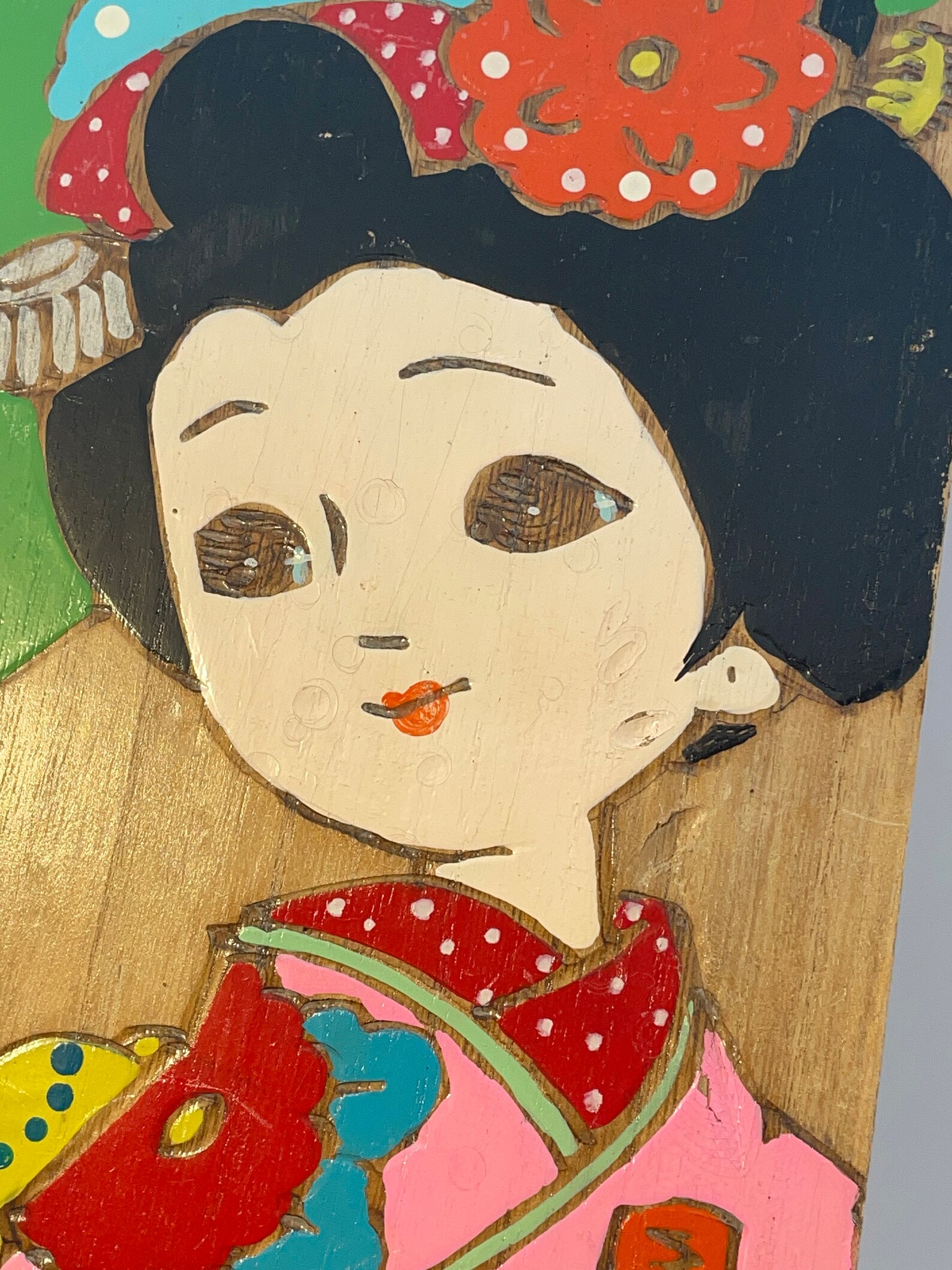 Vintage Hagoita Japanese Wooden Paddle Hand Painted Geisha Girl Used ...