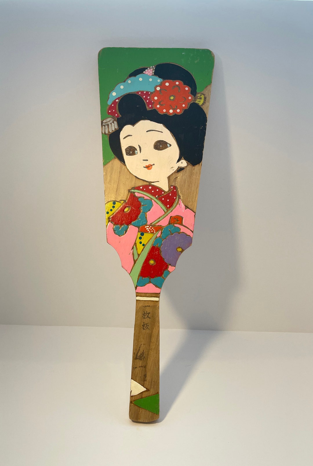 Vintage Hagoita Japanese Wooden Paddle Hand Painted Geisha Girl Used ...