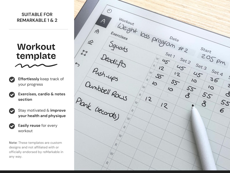 Exercise Workout Template for Remarkable 2 | Fitness Gym Tracker With ...